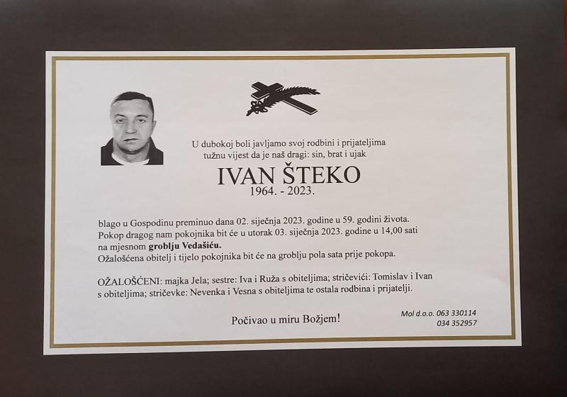 Posljednji ispraćaj Ivana Šteke bit će 3. siječnja u Vedašiću ...