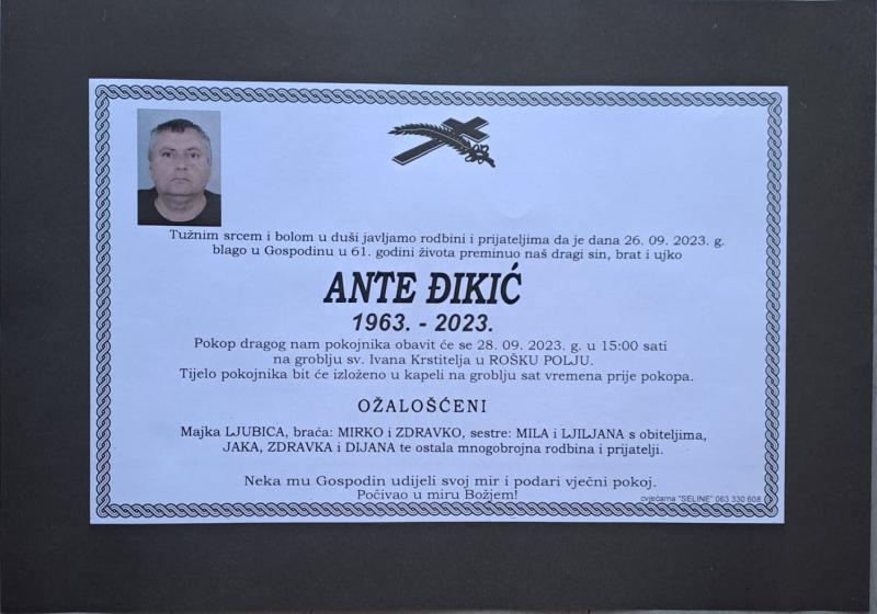 Posljednji ispraćaj Ante Đikića bit će 28. rujna u Roškom Polju ...